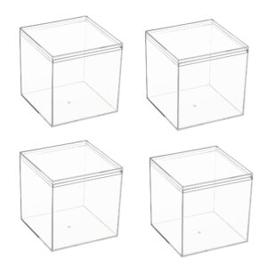 clear acrylic boxes for storage, yeeco acrylic storage cube containers with lids, square boxes in 4.7”×4.7”×4.7” inches for candy, cotton ball, beads, tiny arts, watches, earring, cosmetics, 4 pack