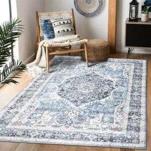 domitapis area rug 5×7, vintage boho rug,ultra-soft low pile, washable, non slip,stain resistant printed carpet for living room bedrooms playroom office kitchen, light blue