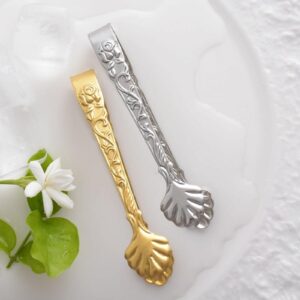 Gold Mini Serving Tongs, Vintage Rose Relief Handle Ice Cube Clips Sugar Tongs, Stainless Steel Sugar Cube Tongs, for Tea Coffee Appetizers Desserts Sugar Tongs