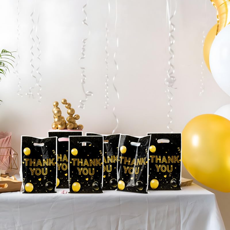 ANGOLIO Birthday Treat Party Bags - 50Pcs Black and Gold Party Favors Bags Print Easter Black Gold Balloon with Handles Plastic Gifts Bags Thank You Birthday Snack Bags Happy Party Favor Supplies