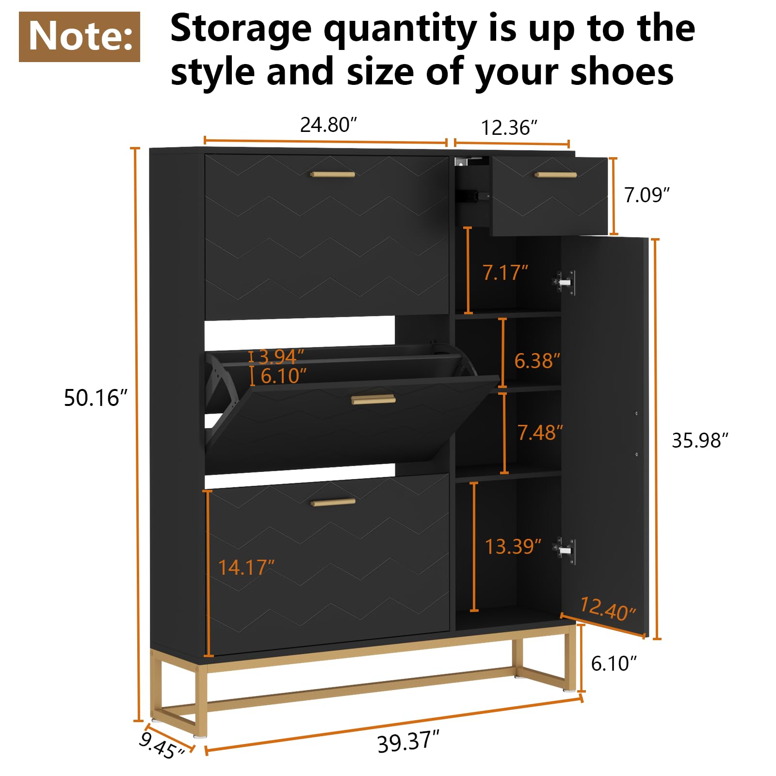 Auromie Shoe Storage Cabinet, Free Standing Shoe Organizer with 3 Flip Drawers,Modern Shoe Rack with Adjustable Side Cabinet,Entryway Narrow Shoe Storage with Door for Hallway Living Room (Black Plus)