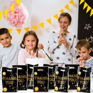 ANGOLIO Birthday Treat Party Bags - 50Pcs Black and Gold Party Favors Bags Print Easter Black Gold Balloon with Handles Plastic Gifts Bags Thank You Birthday Snack Bags Happy Party Favor Supplies