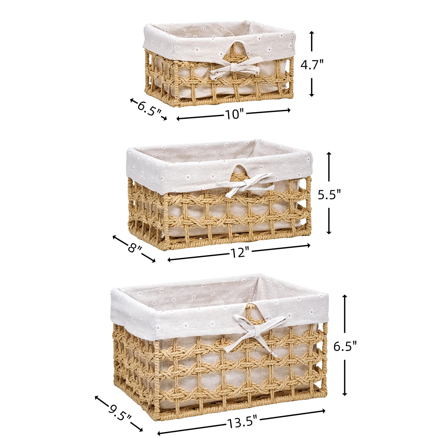 GIB Wicker Storage Baskets Set of 3, Hand-Woven Paper Rope Decorative Rectangular Small Wicker Baskets for Organizing, Cube Storage Bins for Shelves, Natural