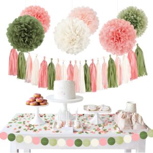 nicrohome wedding party decorations, 28 pcs sage green tissue paper pom poms,circle dots garland paper tassels hanging backdrop for boho neutral baby shower, bridal shower, engagement party supplies