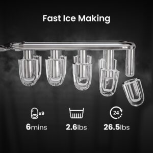 AGLUCKY Ice Makers Countertop with Handle,26.5Lbs/24H,9 Cubes in 6 Mins,2 Sizes of Bullet Ice,Portable Ice Maker Machine with Self-Cleaning,Perfect for Home Kitchen(Black)