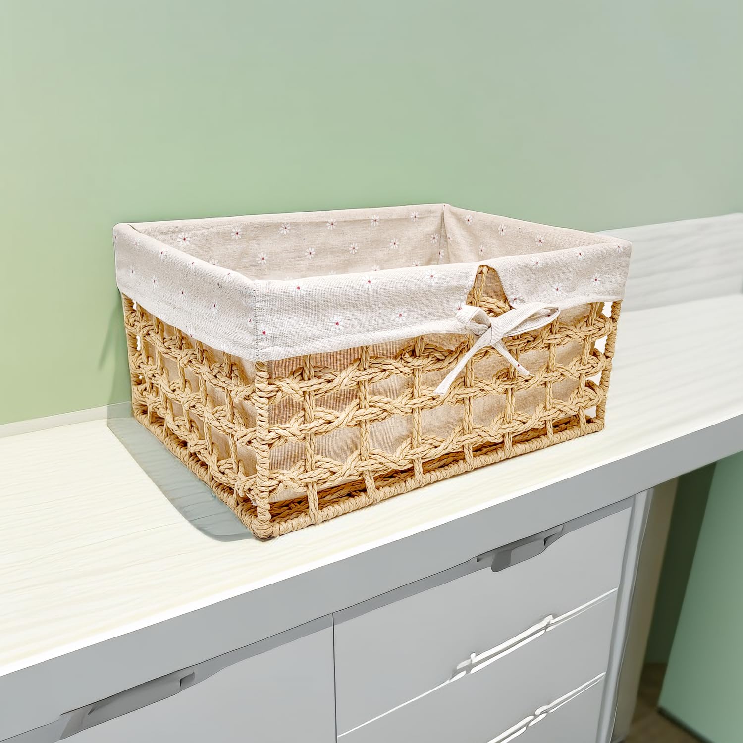 GIB Wicker Storage Baskets Set of 3, Hand-Woven Paper Rope Decorative Rectangular Small Wicker Baskets for Organizing, Cube Storage Bins for Shelves, Natural