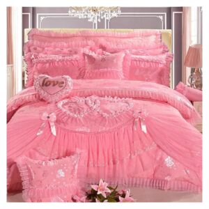 alturn luxury princess wedding bedding set king queen size pink red lace jacquard satin duvet cover bedspread bed sheet pillowcases,bedding set