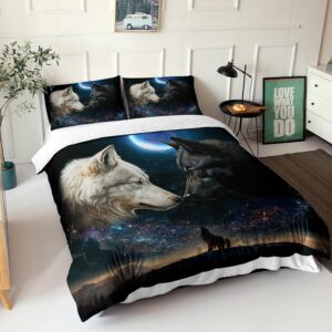 AILONEN Wolf Couples Duvet Cover Set Full Size, Evening Snowfield Moon Wolf Bedding Set,Milky Way Comforter Cover 3 Pieces,Howling Wild Wolf Duvet Cover,1 Quilt Cover and 2 Pillowcases,Soft