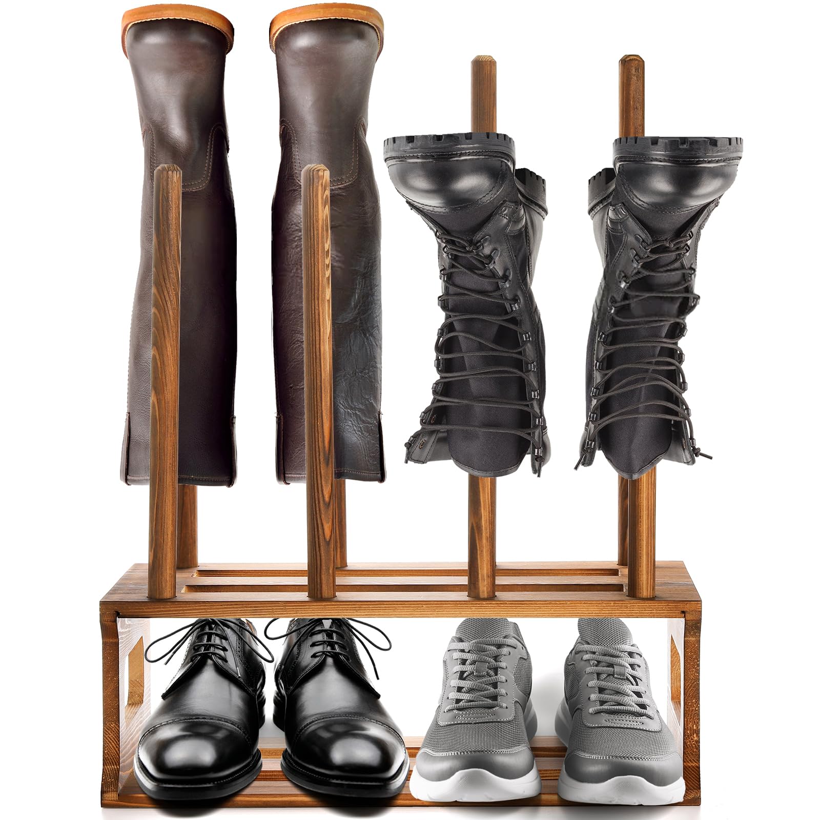 Goaste Wood Boot Rack Organizer, 4 Pairs Freestanding Wooden Boot Holder, Rustic Walk-In-Closet Entryway Shoe Storage Stand with 8 Tall Posts for Cowboy Boot, Tall Knee-High, Riding, Rain Boots