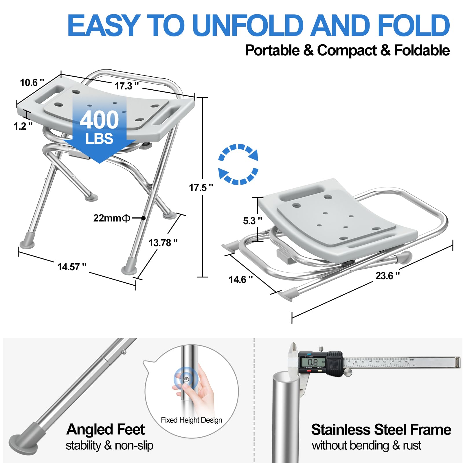 UGarden Folding Shower Chair Seat, Stainless Steel Small Shower Chair for Inside Shower with Pad/Grab Bar, 400lbs Portable Travel Shower Stool, Safety Anti-Slip Bath Chair for Seniors, Disabled, Gray