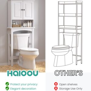 HAIOOU Over The Toilet Storage Cabinet with Motion Sensor LED Light, Double Door Bathroom Essentials Storage Organizer Space-Saving Toilet Rack with Buffering Hinges, Adjustable Shelf - Modern White