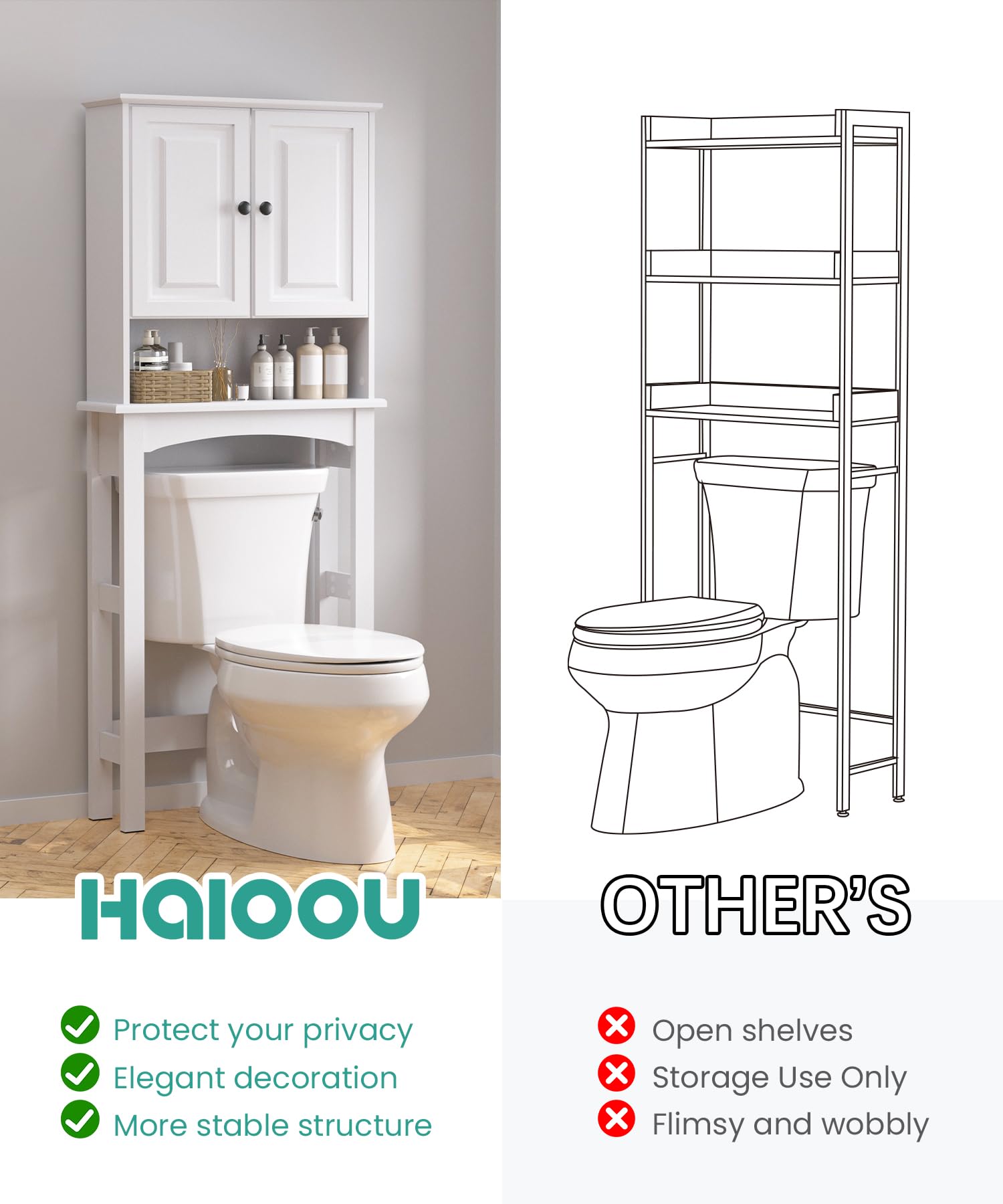 HAIOOU Over The Toilet Storage Cabinet with Motion Sensor LED Light, Double Door Bathroom Essentials Storage Organizer Space-Saving Toilet Rack with Buffering Hinges, Adjustable Shelf - Modern White