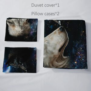 AILONEN Wolf Couples Duvet Cover Set Full Size, Evening Snowfield Moon Wolf Bedding Set,Milky Way Comforter Cover 3 Pieces,Howling Wild Wolf Duvet Cover,1 Quilt Cover and 2 Pillowcases,Soft