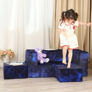 MOMCAYWEX 3pcs Kids Play Couch for Toddler, 3-in-1 Kids Couch Fold Out, Imaginative Kids Couch Play Set, Dark Blue Universe