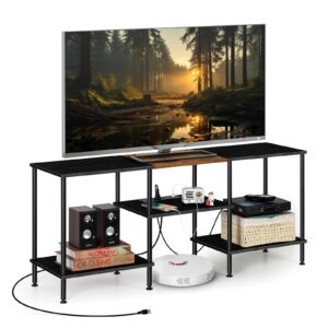 melos tv stand with power outlets to 55 inches, tv console table with open storage shelves, modern industrial media entertainment center for living room bedroom, black