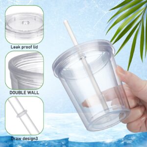 FoldTier 6 Pcs Clear Tumblers with Lid and Straw for Kids 12 oz Insulated Acrylic Double Wall Tumbler Toddlers Reusable Plastic Clear Cup Kids Straw Cup Plastic Kids Tumblers Bulk (Clear Lid)