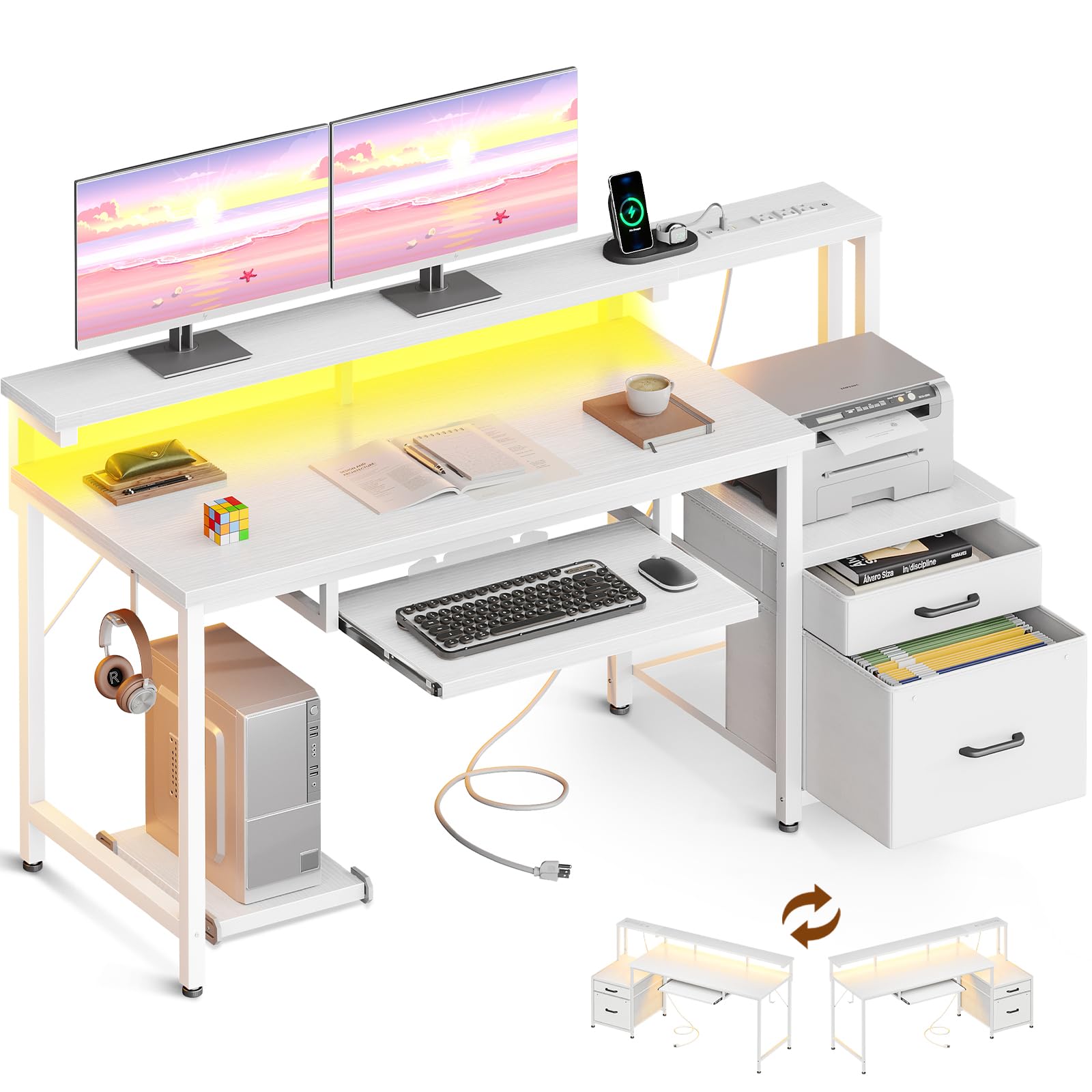 AODK 55" Computer Desk with Fabric File Cabinet and Drawer, Reversible Office Desk with Power Outlet and LED Light, Study Desk with Printer Stand, Keyboard Tray, Full Monitor Riser and PC Stand, White