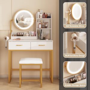 Fameill Makeup Vanity Desk with Lights and Round Mirror, White and Gold Vanity Makeup Table, Small Vanity Set Make Up Vanity with Lots Storage, 3 Lighting Modes, 31.5in(W)… (Modern)