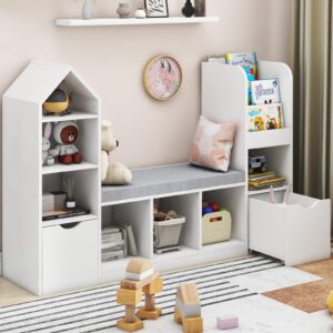 vabches kids bookcase and bookshelf with reading nook, multifunctional bookcase with 7 storage cubbies 2 movable drawers, bookcase with seat cushion for toy storage organizer children's room, bedroom