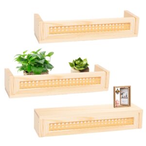 defined deco 3 pack floating rattan shelves, 16" boho rattan wall shelf storage for bathroom and kitchen, floating wicker bookshelf rattan for kids and nursery room bookcases or toy decor