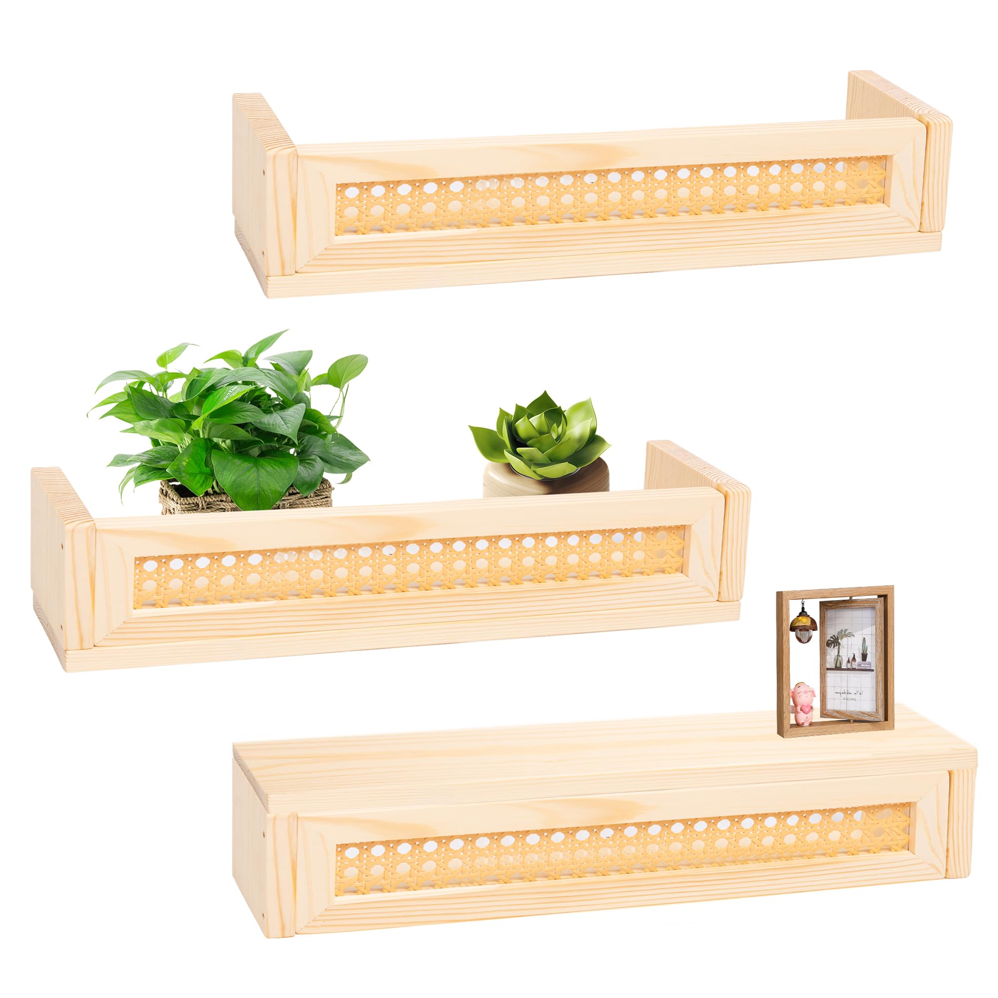 Defined Deco 3 Pack Floating Rattan Shelves, 16" Boho Rattan Wall Shelf Storage for Bathroom and Kitchen, Floating Wicker Bookshelf Rattan for Kids and Nursery Room Bookcases or Toy Decor