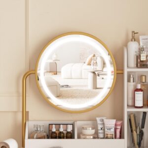 Fameill Makeup Vanity Desk with Lights and Round Mirror, White and Gold Vanity Makeup Table, Small Vanity Set Make Up Vanity with Lots Storage, 3 Lighting Modes, 31.5in(W)… (Modern)