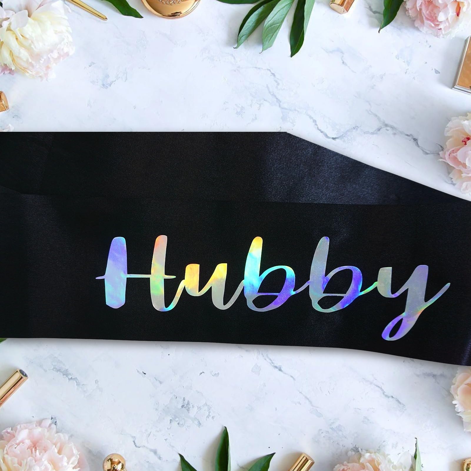 Decorit Hubby Black Sash with Iridescent Foil and Cute Suit Image, Bachelor Party Accessory for Future Groom to be, Wedding Gift Idea from Bride to Be, Funny Wedding Engagement Gift, Best Man