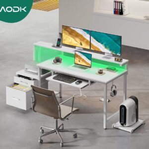 AODK 55" Computer Desk with Fabric File Cabinet and Drawer, Reversible Office Desk with Power Outlet and LED Light, Study Desk with Printer Stand, Keyboard Tray, Full Monitor Riser and PC Stand, White