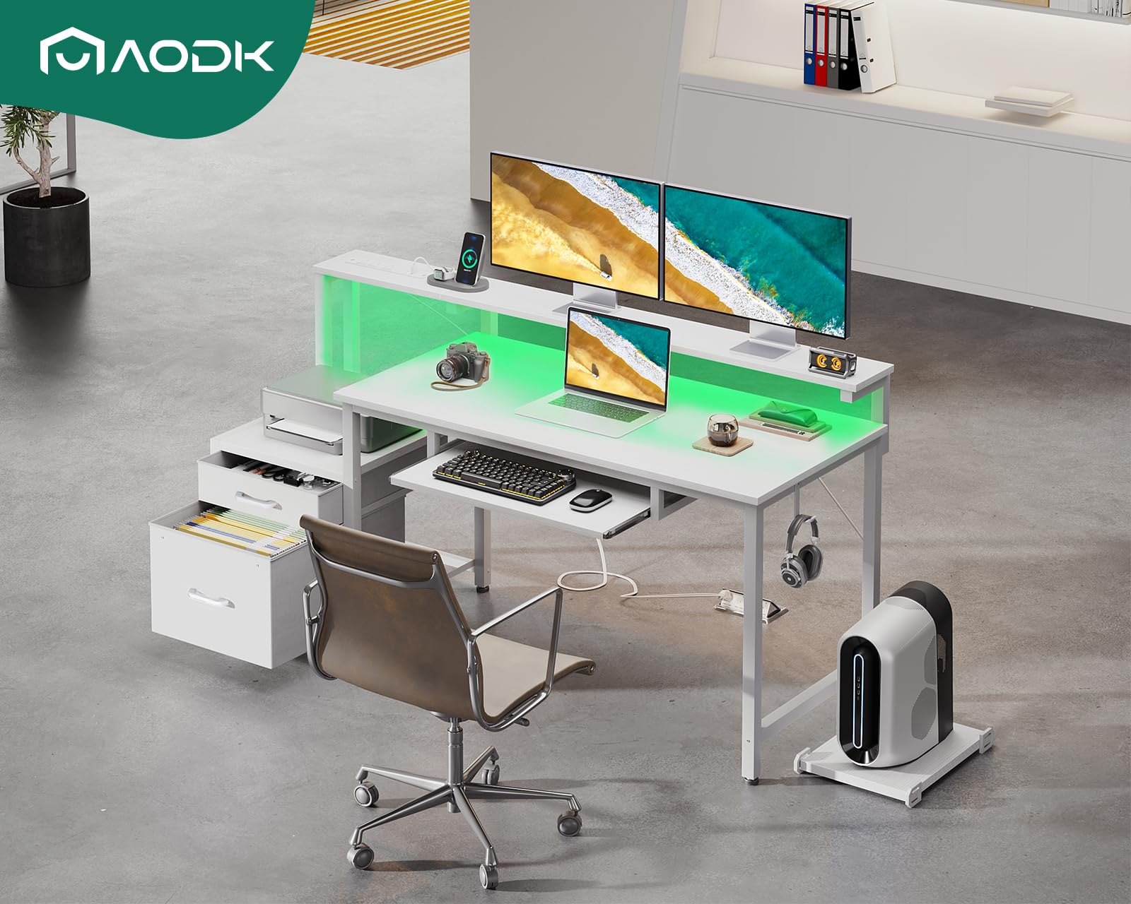 AODK 55" Computer Desk with Fabric File Cabinet and Drawer, Reversible Office Desk with Power Outlet and LED Light, Study Desk with Printer Stand, Keyboard Tray, Full Monitor Riser and PC Stand, White