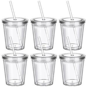 FoldTier 6 Pcs Clear Tumblers with Lid and Straw for Kids 12 oz Insulated Acrylic Double Wall Tumbler Toddlers Reusable Plastic Clear Cup Kids Straw Cup Plastic Kids Tumblers Bulk (Clear Lid)