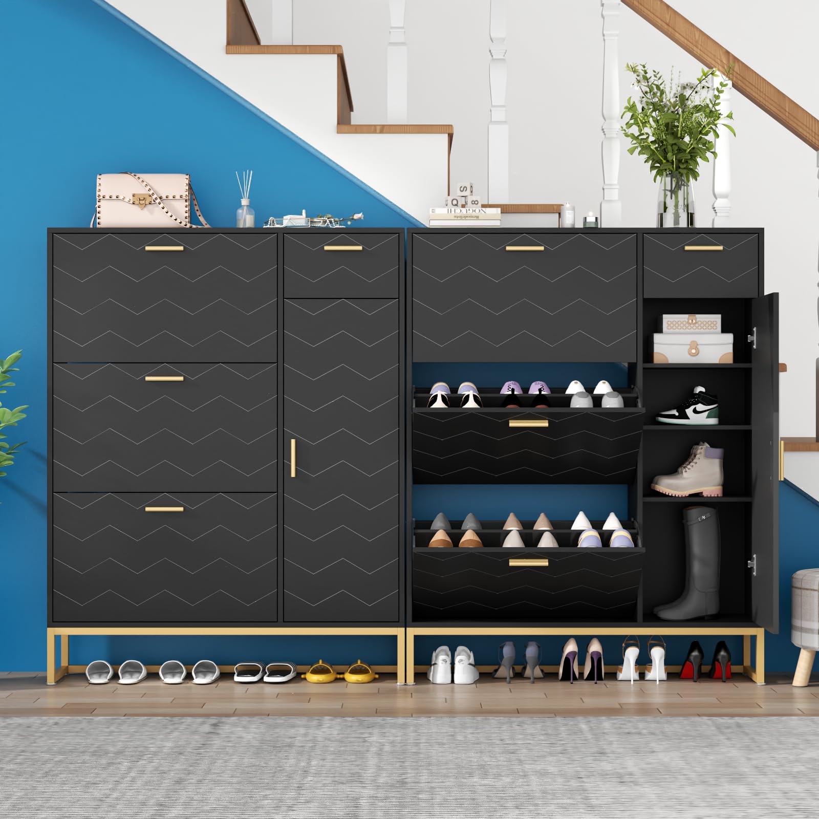 Auromie Shoe Storage Cabinet, Free Standing Shoe Organizer with 3 Flip Drawers,Modern Shoe Rack with Adjustable Side Cabinet,Entryway Narrow Shoe Storage with Door for Hallway Living Room (Black Plus)