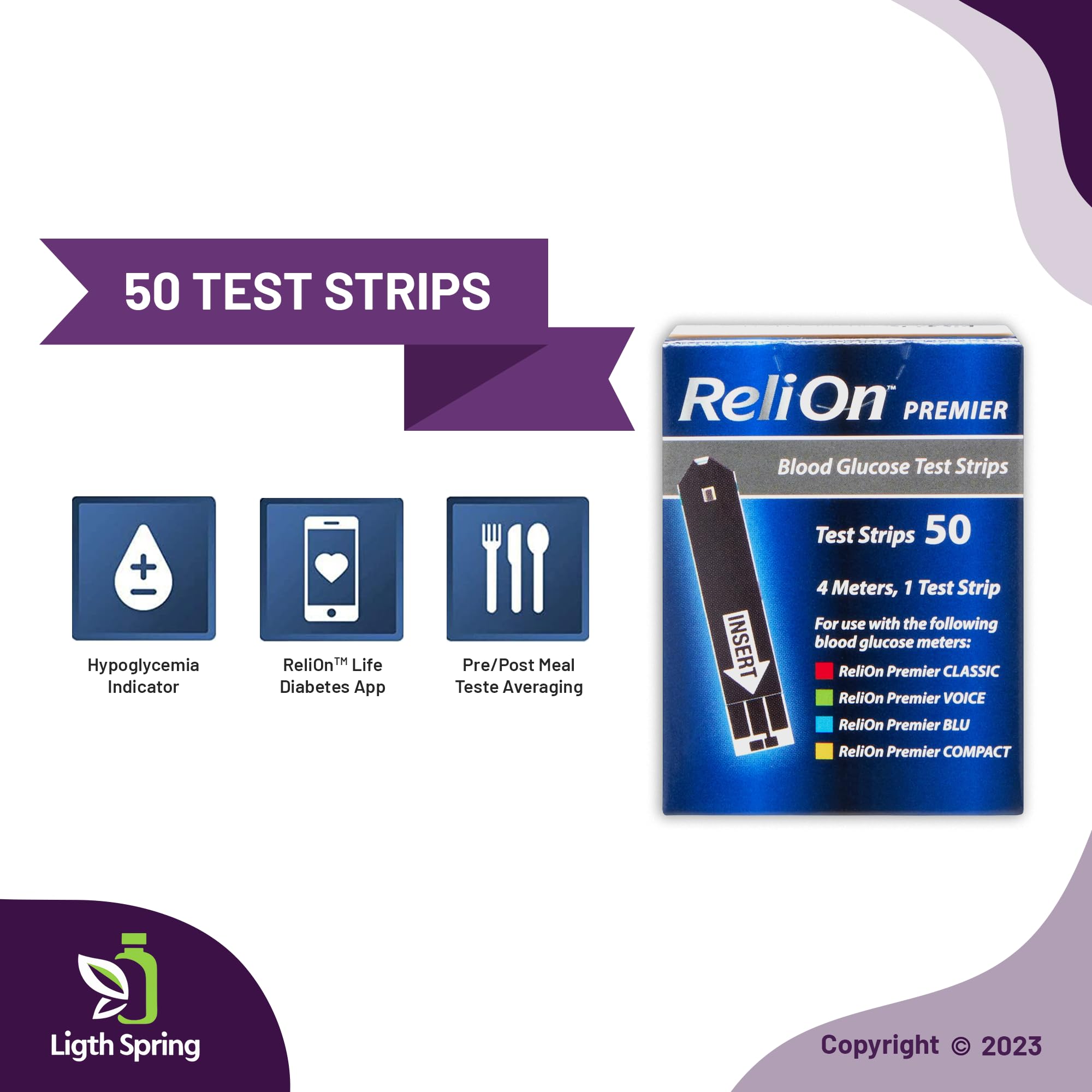 Relion Premier Blood Glucose Test Strips 50ct (2 Pack) Bundle with Exclusive Living Well with Diabetes: Your Health, Your Priority - Better Light&Spring Guide (3 Items)