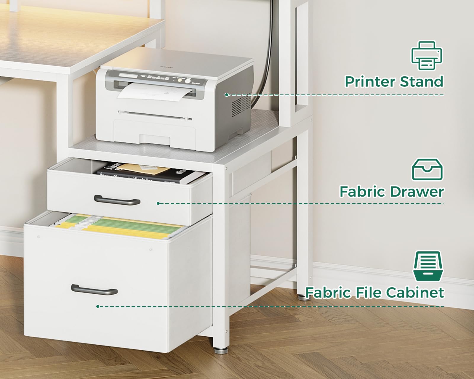 AODK 55" Computer Desk with Fabric File Cabinet and Drawer, Reversible Office Desk with Power Outlet and LED Light, Study Desk with Printer Stand, Keyboard Tray, Full Monitor Riser and PC Stand, White