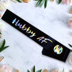 decorit hubby black sash with iridescent foil and cute suit image, bachelor party accessory for future groom to be, wedding gift idea from bride to be, funny wedding engagement gift, best man