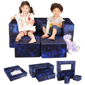 momcaywex 3pcs kids play couch for toddler, 3-in-1 kids couch fold out, imaginative kids couch play set, dark blue universe