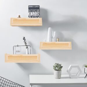 Defined Deco 3 Pack Floating Rattan Shelves, 16" Boho Rattan Wall Shelf Storage for Bathroom and Kitchen, Floating Wicker Bookshelf Rattan for Kids and Nursery Room Bookcases or Toy Decor