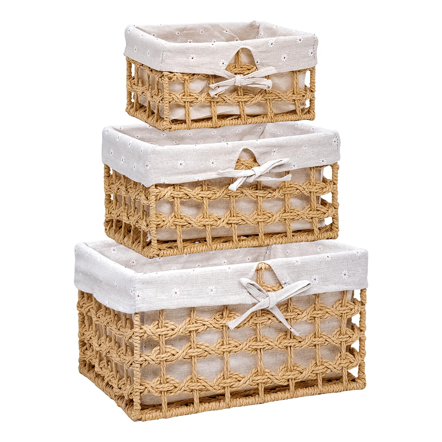 GIB Wicker Storage Baskets Set of 3, Hand-Woven Paper Rope Decorative Rectangular Small Wicker Baskets for Organizing, Cube Storage Bins for Shelves, Natural