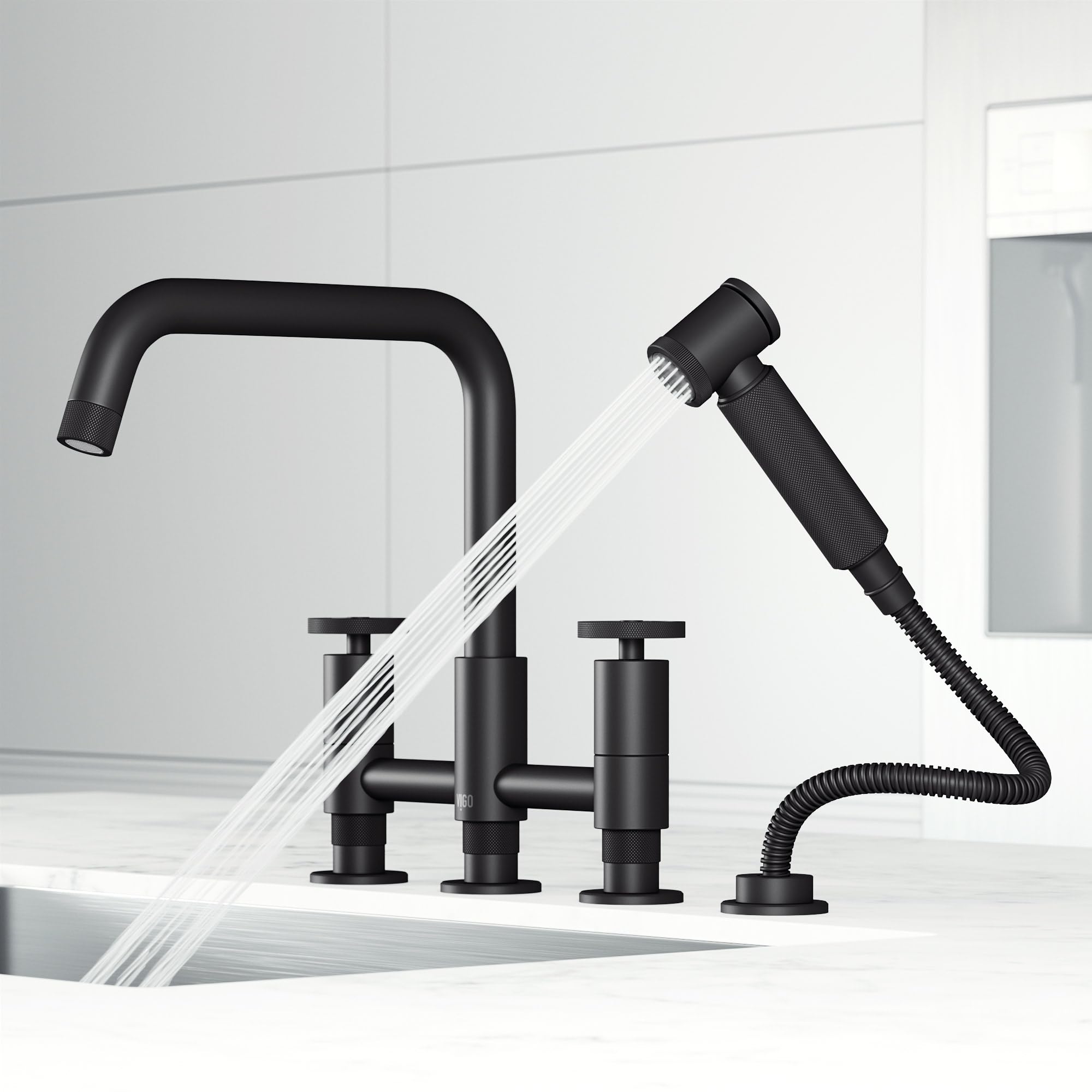 VIGO 10" W x 12" H x 11" D Cass Two-Handles Pull Out Kitchen Faucet in Matte Black - VG02051MB