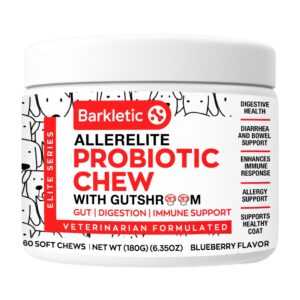 barkletic pet probiotics for dogs with gutshroom – digestive health, gut flora, allergy & immune support, prebiotic, enzymes, natural superfood, 3 billion cfu, free of common allergens | 60 soft chews