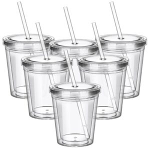 foldtier 6 pcs clear tumblers with lid and straw for kids 12 oz insulated acrylic double wall tumbler toddlers reusable plastic clear cup kids straw cup plastic kids tumblers bulk (clear lid)