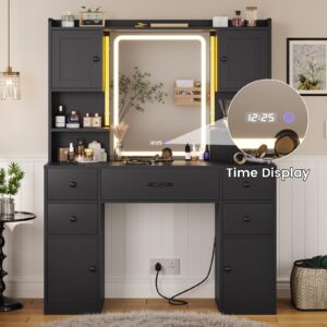 Tiptiper Large Makeup Vanity Desk with Mirror and Lights, Vanity Table with Charging Station & Time Display & Ambient Light, Makeup Table with Drawers & Storage Cabinets, Black