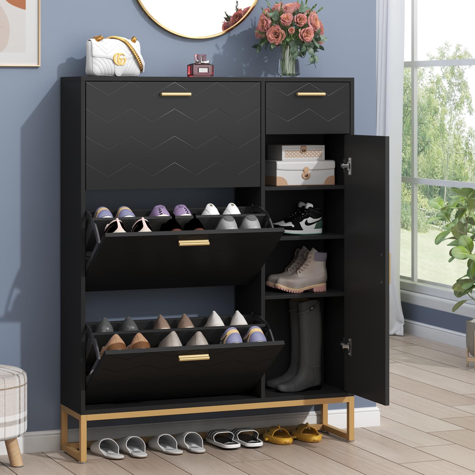 Auromie Shoe Storage Cabinet, Free Standing Shoe Organizer with 3 Flip Drawers,Modern Shoe Rack with Adjustable Side Cabinet,Entryway Narrow Shoe Storage with Door for Hallway Living Room (Black Plus)