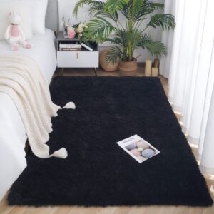 hqayw fluffy area rug for bedroom living room, ultra soft shaggy rugs shag fur carpets for kids girls nursery room plush fuzzy rug cute home decor rug, 2' x 3', black