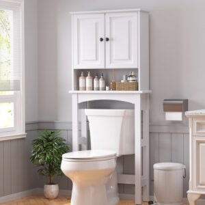 HAIOOU Over The Toilet Storage Cabinet with Motion Sensor LED Light, Double Door Bathroom Essentials Storage Organizer Space-Saving Toilet Rack with Buffering Hinges, Adjustable Shelf - Modern White