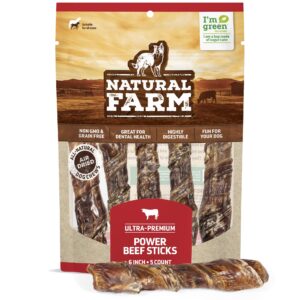 natural farm power beef sticks dog chews (6”, 5-pack), 2-in-1 power chews: premium beef cheek wrapped in beef esophagus for double chewing time, promotes dental health, great for medium dogs