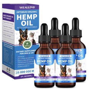 weallin hemp oil for dogs and cats - omega-3, 6, 9 rich organic extract - eases pet anxiety, pain, skin & coat health - stress relief, hip & joint support - calming treats (4 pack)