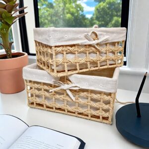 GIB Wicker Storage Baskets Set of 3, Hand-Woven Paper Rope Decorative Rectangular Small Wicker Baskets for Organizing, Cube Storage Bins for Shelves, Natural