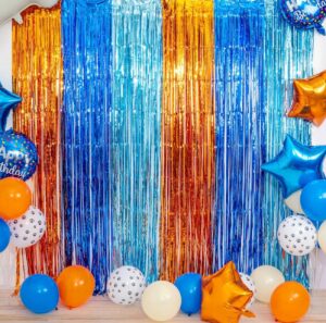 blue dog birthday party supplies, blue dog foil fringe curtains, 2 packs orange blue & light blue tinsel metallic streamers, photo booth props streamer backdrop for blue dog theme party decoration