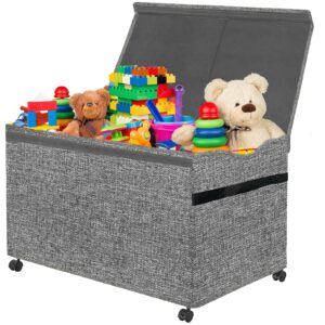 veronly large kids toy box storage chest with 360°wheels,toy box with lid for boys, girls,collapsible sturdy toy storage bins containers for stuffed animals, clothes, bedroom, nursery, playroom -gray