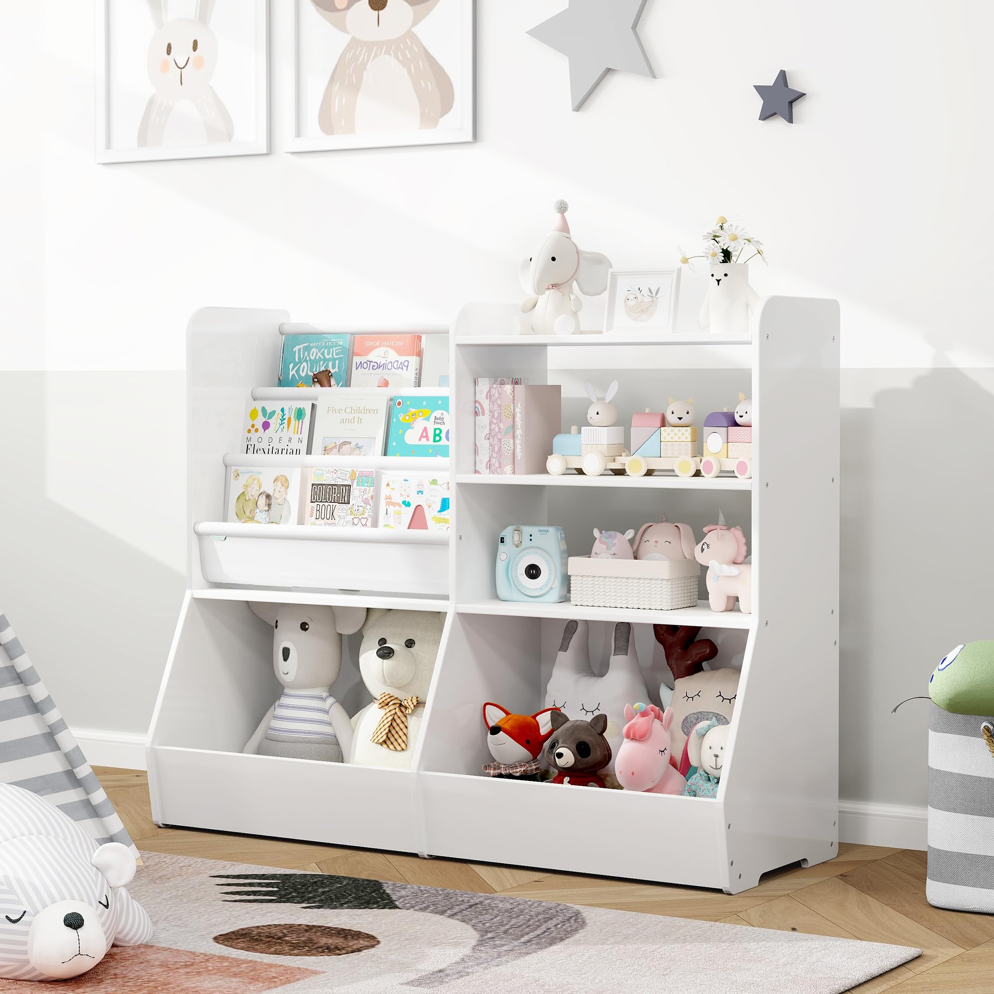 MallBest Kids Bookshelf Toy Storage Organizer Cabinet for Children Book Display 4 Tier Kids Bookshelf 3 Layer Sling Toddler Bookcase Playroom Nursery Classroom Kid Room（White）